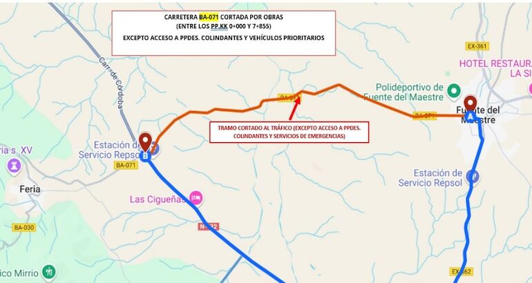 La carretera BA-071 de Fuente del Maestre a Feria permanecerá cortada desde el 11 de mayo